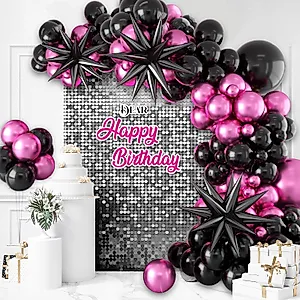 Hot Pink and Black Balloon Arch Kit, 5 10 18 Inch Birthday Party Balloons, Metallic Magenta Black Garland Kit with 2 Black Explosion Star Balloons, DIY Balloon Arch for Birthday Party Decoration