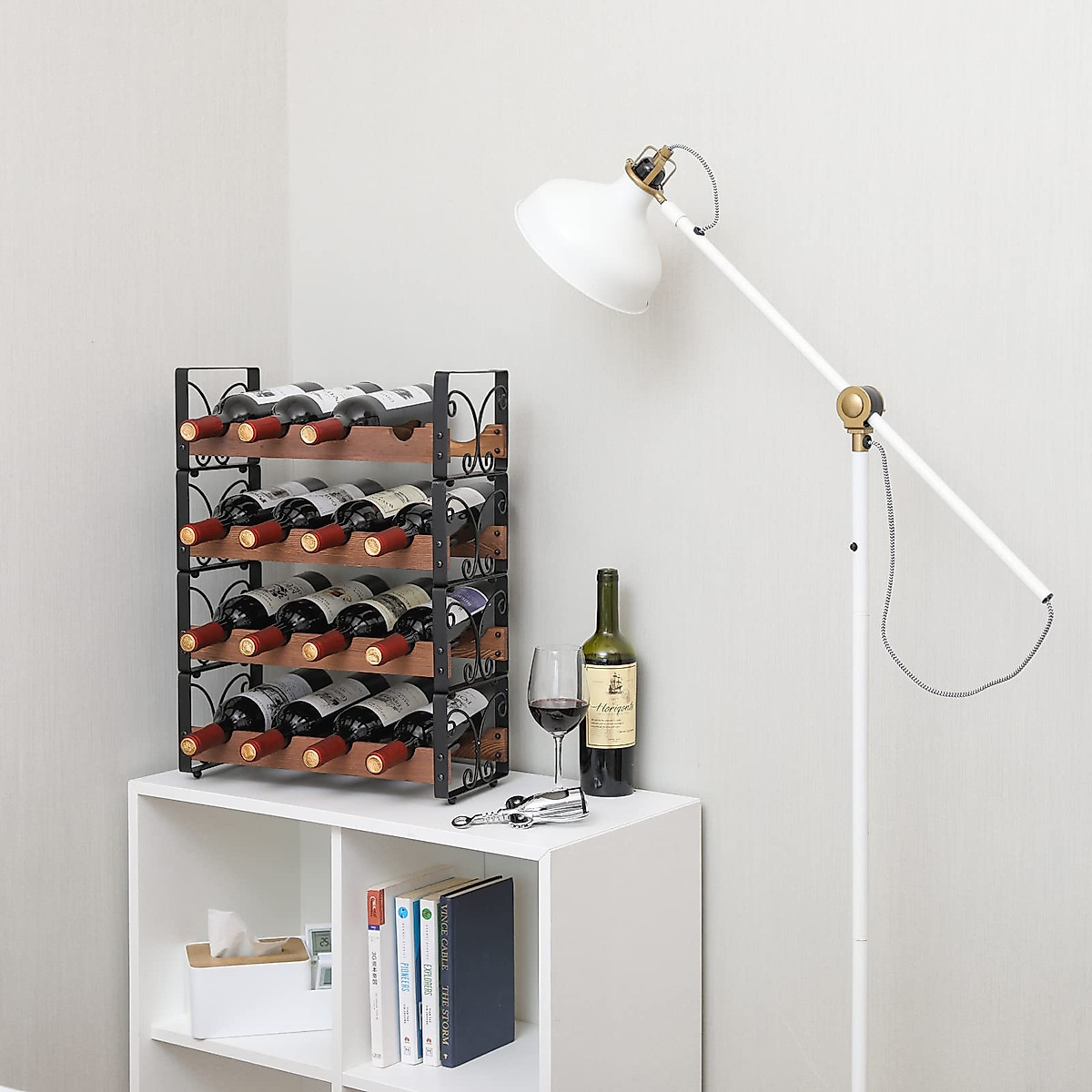 X-cosrack Rustic 16 Bottles Stackable Wine Rack 4 Tier Freestanding Organizer Holder Stand Countertop Liquor Storage Shelf Solid Wood & Iron 16.5" L x 7.0" W x 22" H-Patent Design