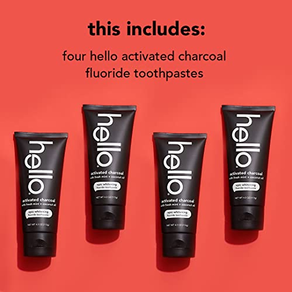 Hello Activated Charcoal Epic Teeth Whitening Fluoride Toothpaste, Fresh Mint and Coconut Oil, Vegan, SLS Free, Gluten Free and Peroxide Free, 4 Ounce (Pack of 4)