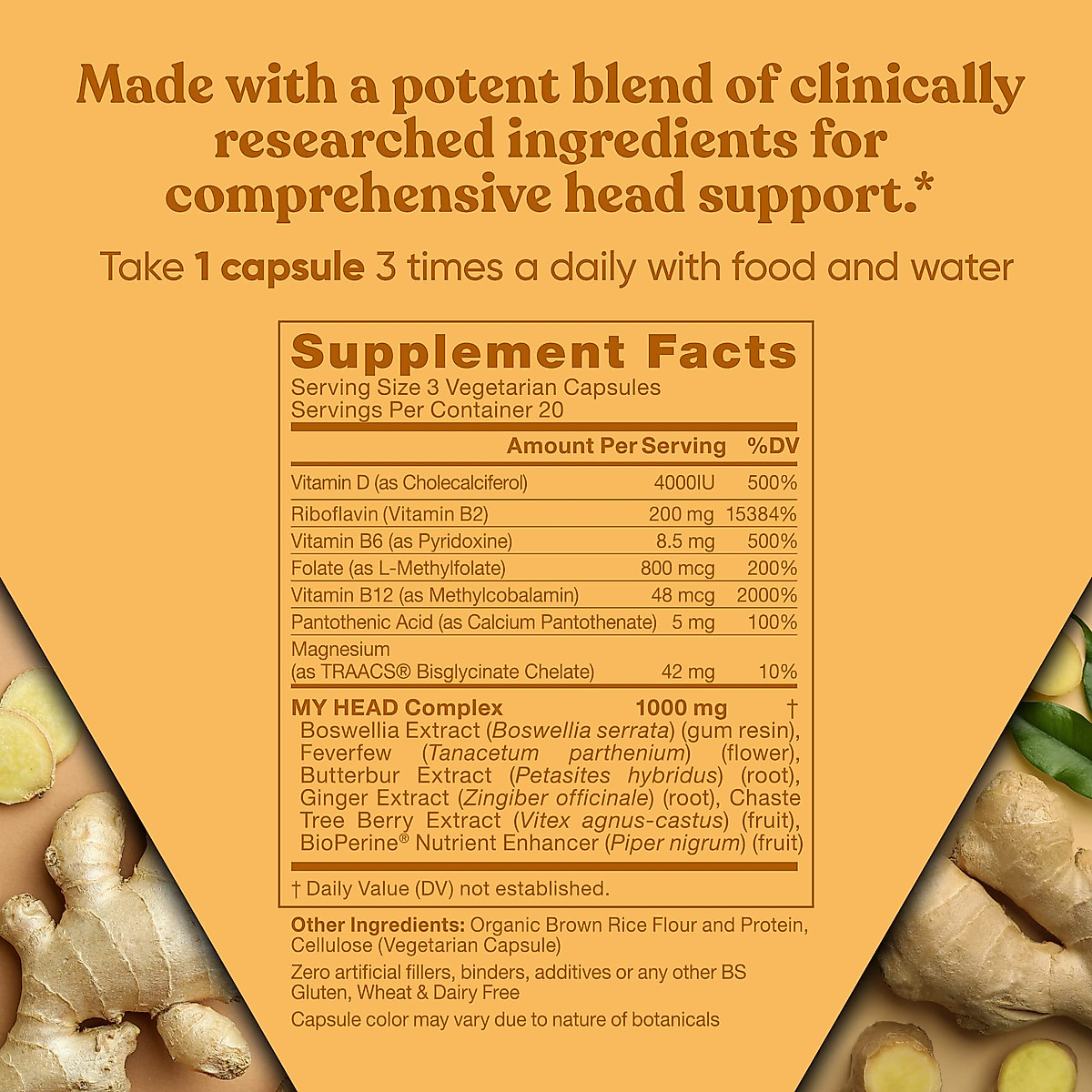 My Head! Headache Vitamins – Sensitivity, Tension, Comfort, Healthy Head Function for A Clear Mind – Fast acting Magnesium, Butterbur, Feverfew, Boswellia, Vitamin D, Ginger, & More – 60 Soft Capsules