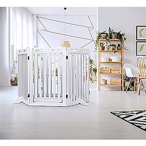 Arf Pets Freestanding Dog Gate with Door, 6 Panel 360° configurable Wooden Fence, 120" Wide, 31.5" Tall, Foldable, Four Support Feet Included, for The House - Indoor Use