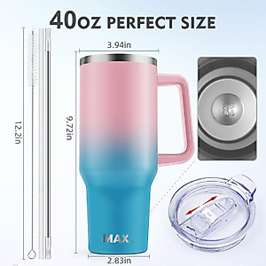 MaxBase 40 Oz Tumbler with Handle and Straw Lid, Insulated Reusable Stainless Steel Travel Mug Keeps Drinks Cold up to 34 Hours, 100% Leakproof Bottle (Bubble)