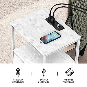 DOMYDEVM White Nightstand with Charging Station Bedroom Night Stand Bedside Table with USB Ports and Outlets Small Side End Table with 2 Fabric Storage Drawers for Living Room Dorm