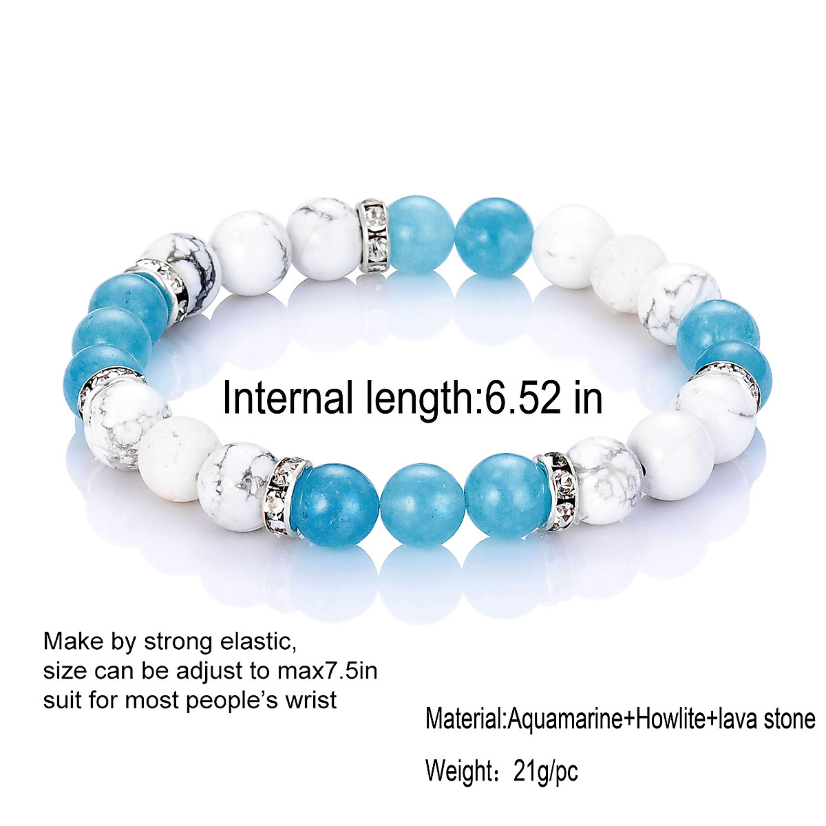 SUMMER LOVE Aquamarine Gemstones Healing Crystal Stretch Bracelet for Anxiety Stress Relief Natural Lava Stones Oil Diffuser Yoga Meditation Beads Bracelets for Women
