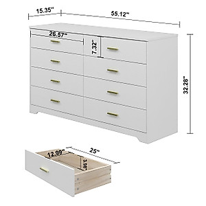 8 Drawer Wood Lateral Dresser, Big Wide Chest of Drawers Storage Organizer with Metal Gold Handles Home Bedroom (White)