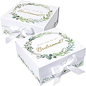 BRIGEL Bridesmaid Proposal Box Set of 3, 3 Will You Be My Bridesmaid Proposal Boxes for Bridesmaid Gifts, Leaf-Patterned White Box with Gold-Foiled Text, Magnetic Closure, and a White Ribbon