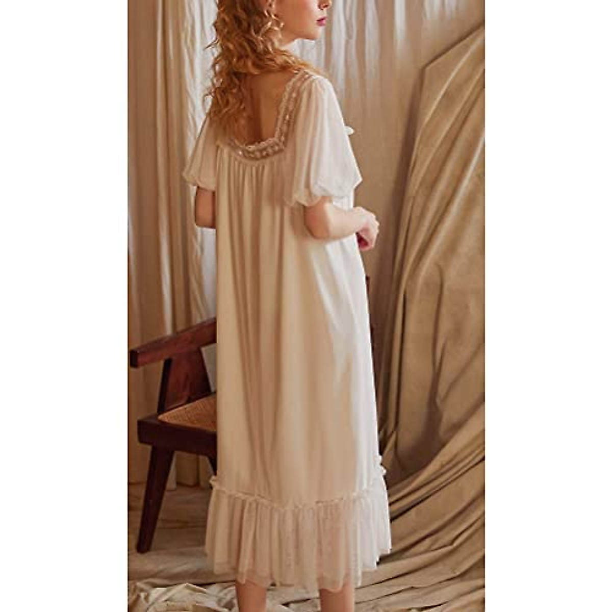 Women's Long Sheer Vintage Victorian Lace Nightgown Sleepwear Pyjamas Lounge Dress Nightwear (white1, small)