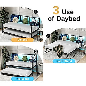 CollaredEagle Daybed with Trundle, Adjustable Sofa Bed Frame with Charging Station, Metal Twin Daybed with LED Lights for Living Room, Bedroom and Guest Room, Black