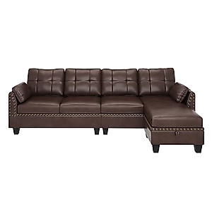 HONBAY Faux Leather Sectional Sofa Couch Reversible L Shaped Couch Sofa 4 Seat Sofa Sectional Couch for Small Apartment