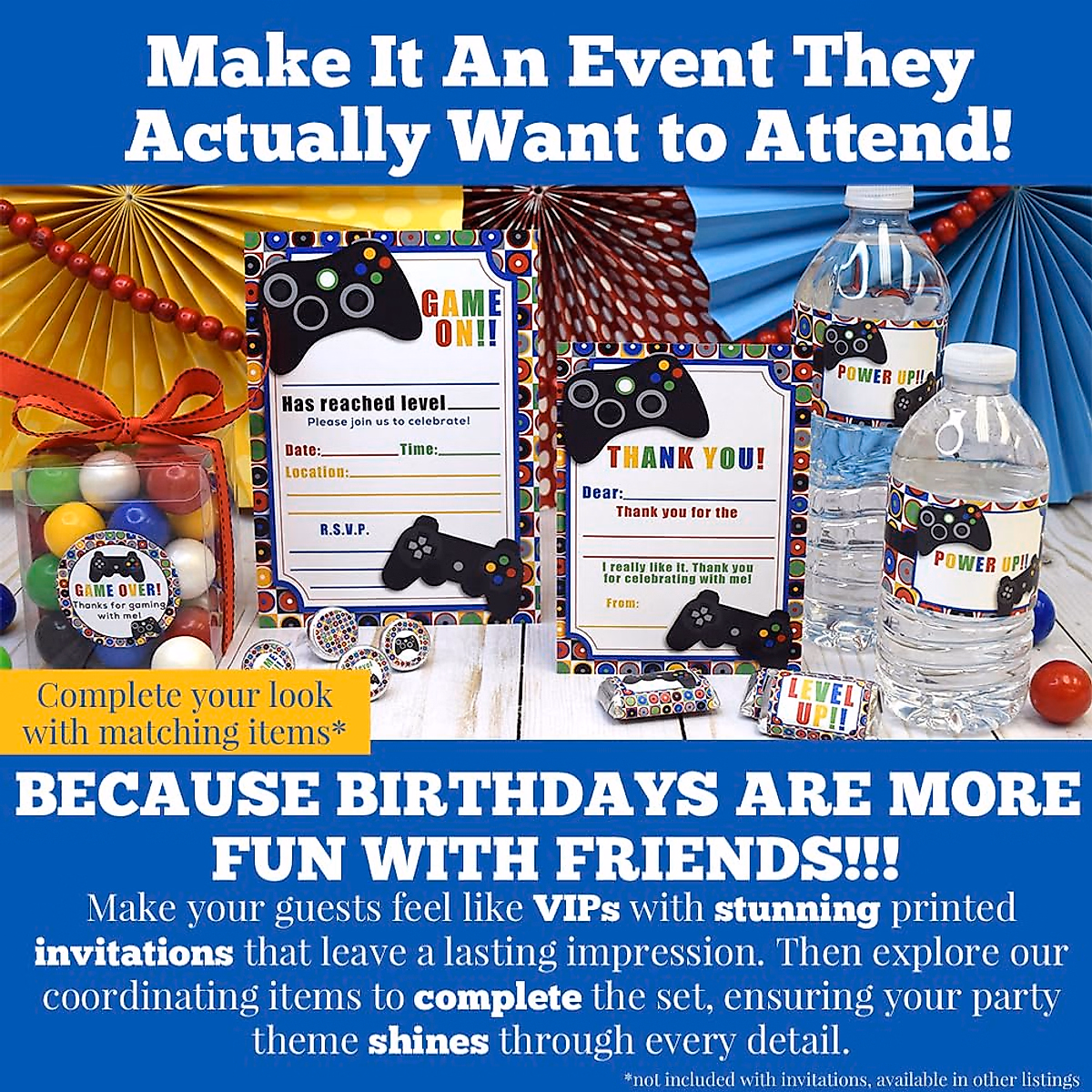 Game On! Video Gamer Birthday Party Fill In Invitations, 20 5x7 Fill In Cards with Twenty White Envelopes by AmandaCreation