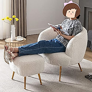 DUOMAY Modern Accent Chair Armchair Sherpa Upholstered Barrel Chair with Golden Legs Comfy Lounge Chair Single Sofa Armchair Club Chair for Living Room Bedroom Office,White
