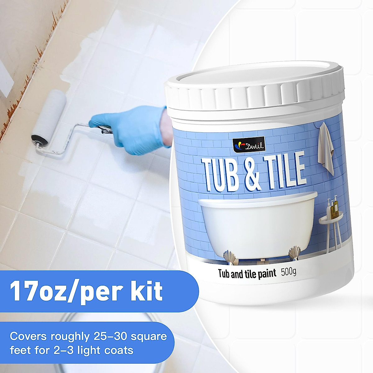 DWIL Tile Paint, Tub and Tile Refinishing Kit with Tools, Tub Refinishing Kit White Bathtub Paint Water Based &Low Odor, Easy to Use Sink Paint for Bathroom Kitchen, Semi-Gloss White, 25-30sq.ft