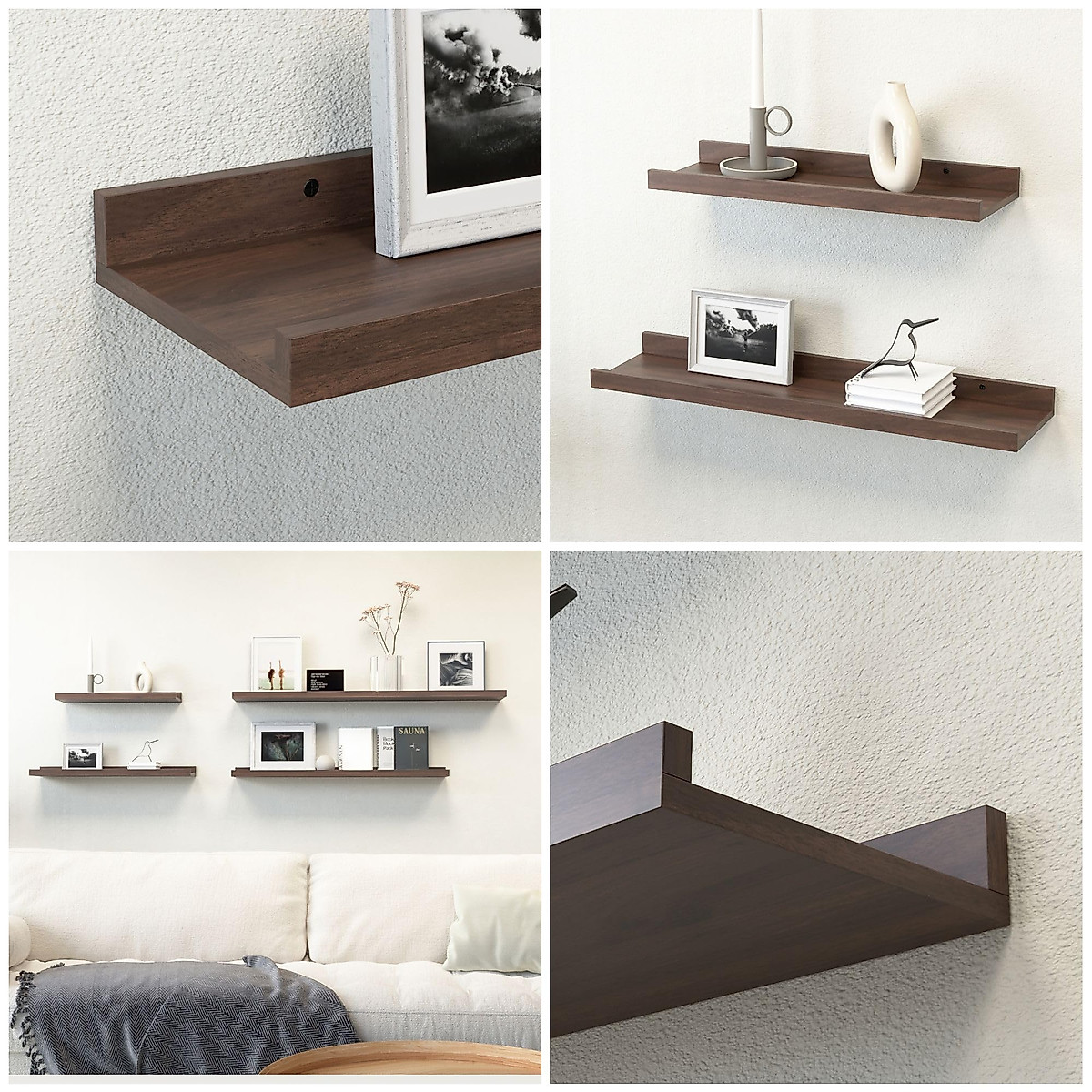 Boswillon Floating Shelves Wall Mounted Set of 2, Farmhouse Wall Shelves for Storage with Lip, Display Picture Ledge Shelf for Wall Decor Bedroom Living Room Bathroom Kitchen - Walnut