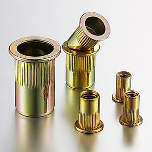 Wensilon 200Pcs Rivet Nut 1/4-20UNC Yellow Zinc Plated Finish Flat Head Rivnut Threaded Insert Nut Knurled Body