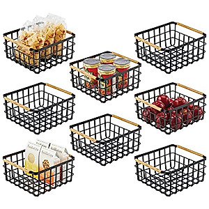 mDesign Metal Wire Storage Organizer Basket with Bamboo Wood Handles for Kitchen Pantry, Rustic Farmhouse Bin to Store Fruit, Coffee, Spices, Supplies, Yami Collection, 8 Pack, Matte Black/Natural/Tan