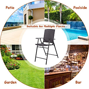 HAPPYGRILL Folding Wicker Rattan Bar Chairs Set of 4, Patio Tall Stool with Back, Steel Frame, Armrests and Footrest Bar Chairs for Garden Patio Furniture Set