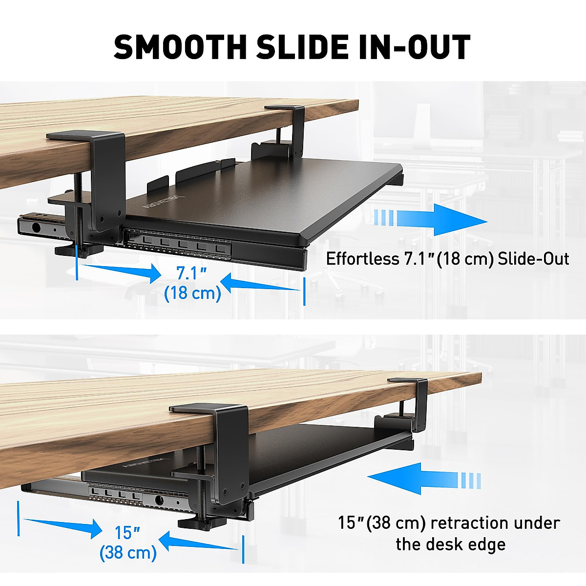 AboveTEK Large Keyboard Tray Under Desk with Wrist Rest, 26.7"×11" Ergonomic Desk Computer Keyboard Stand with Sturdy C Clamp Mount System, Slide-Out Drawer Keyboard Mouse Holder for Office(Black)