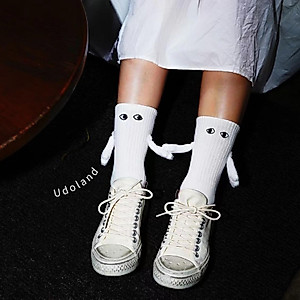 Holding Hands Socks,Funny Couple Magnetic Hand in Hand Mid Tube Socks,Novelty 3D Doll Socks Cute (A-2 Pairs White)