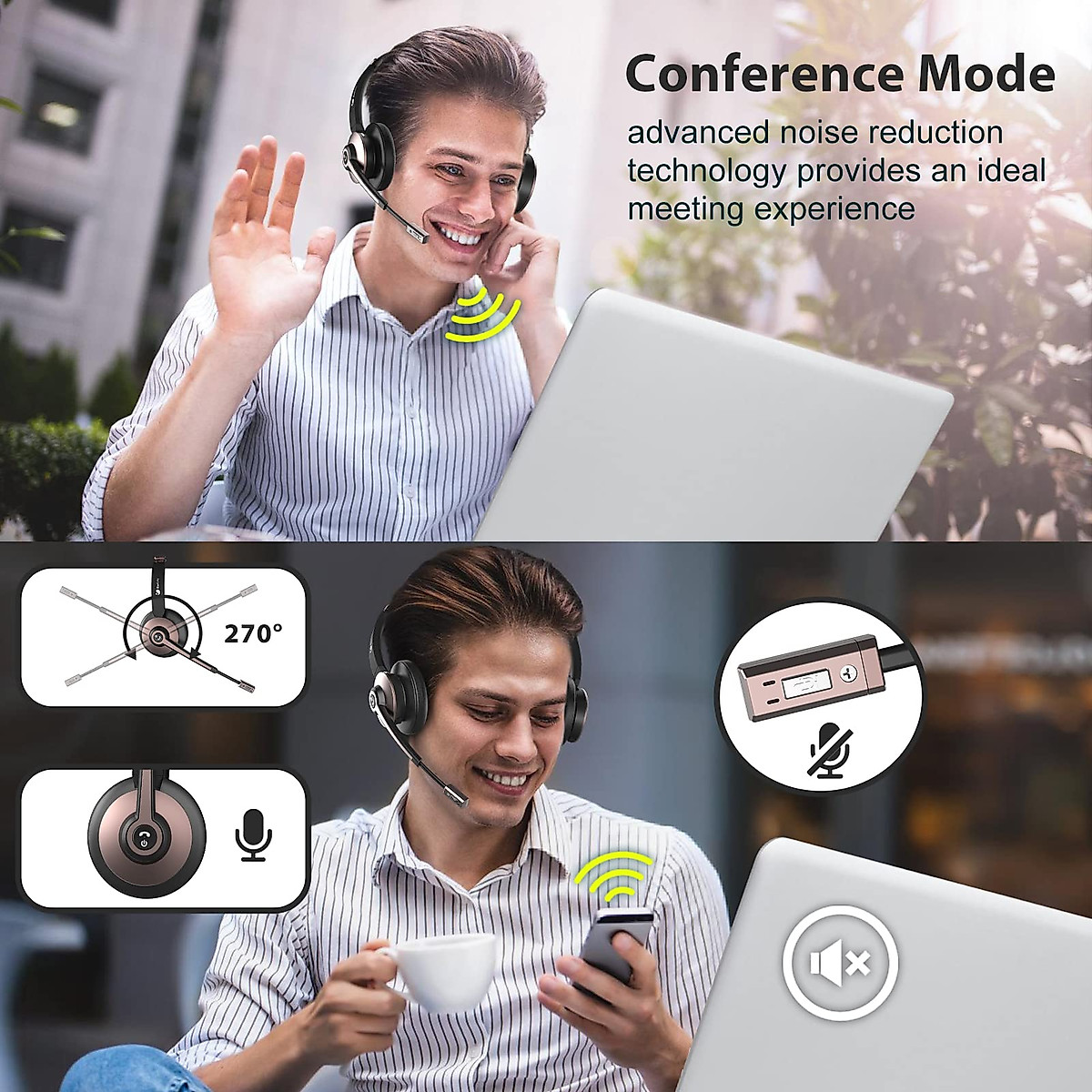 Earbay Wireless Headset, Bluetooth Headsets with Microphone Noise Cancelling, On Ear Headphones with Mic Mute, Handsfree PC Headsets for Zoom/Ms Teams/Skype/Dual Connect/Laptop/iPhone/Tablet