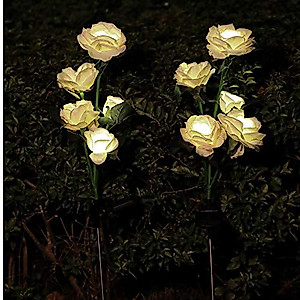 HDNICEZM Solar Garden Lights Outdoor Decorative - 2 Pack Upgraded Realistic 5 Rose Flowers Lights LED Solar Stake Lights Waterproof for Garden Backyard Patio Pathway Courtyard Decoration (White)