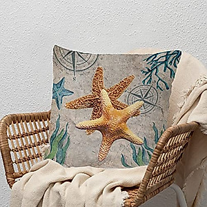 Vintage Beach Sea Life Starfish Throw Pillow Cushion with Zippe Nautical Sofa Pillows Sea Turtle Sea Life Farmhouse Throw Pillow Case for Sofa Living Room White Linen 22x22in Housewarming Gift