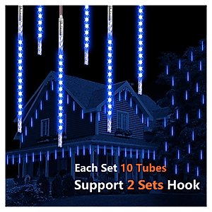 ohCome Meteor Shower Rain Drop Lights 50cm 10 Spiral Tubes 540 LEDs Waterproof Icicle Snowfall String Lights for Wedding Christmas Halloween Garden Tree Home Decor, Support 2 Sets Hook (Blue)