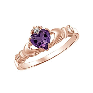 Jewel Zone US Heart Cut Simulated Amethyst & Cubic Zirconia Claddagh Ring In 14k Rose Gold Over Sterling Silver Jewelry Gift For Her Ring Size-12