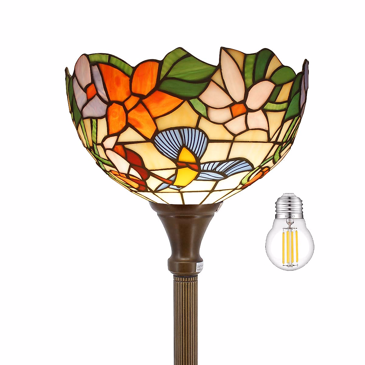 WERFACTORY Tiffany Floor Lamp Hummingbird Amber Stained Glass Light 12X12X66 Inches Pole Torchiere Standing Corner Torch Uplight Decor Bedroom Living Room Home Office S101 Series