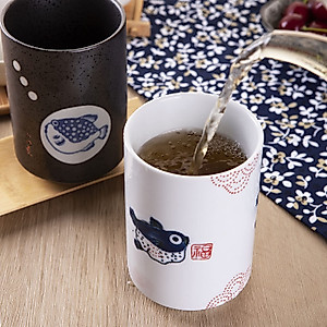 WHJY 10oz Transitional Chinese/Japanese style Handle-less Ceramic Tea cups teacup, Puffer Pattern Set of 2