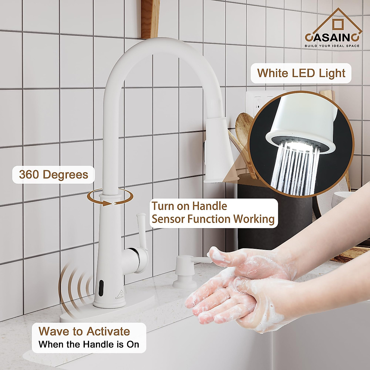 CASAINC Kitchen Faucet with Pull Down Sprayer Matte White with LED Function, 17.31in H Touchless 1.8 gpm Single Handle Kitchen Sink Faucet, Lead-Free Copper for Bar Laundry Kitchen Sink