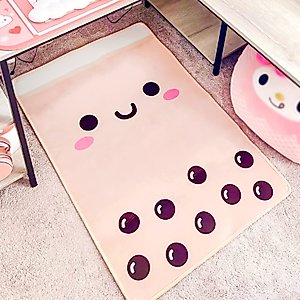Glopastel Boba Anime Rug | Rectangular Kids Girls Women Home Bedroom Area Carpet | Machine Washable Cute Bubble Tea Japanese Cartoon Room Decor (Beige, 28"x42")