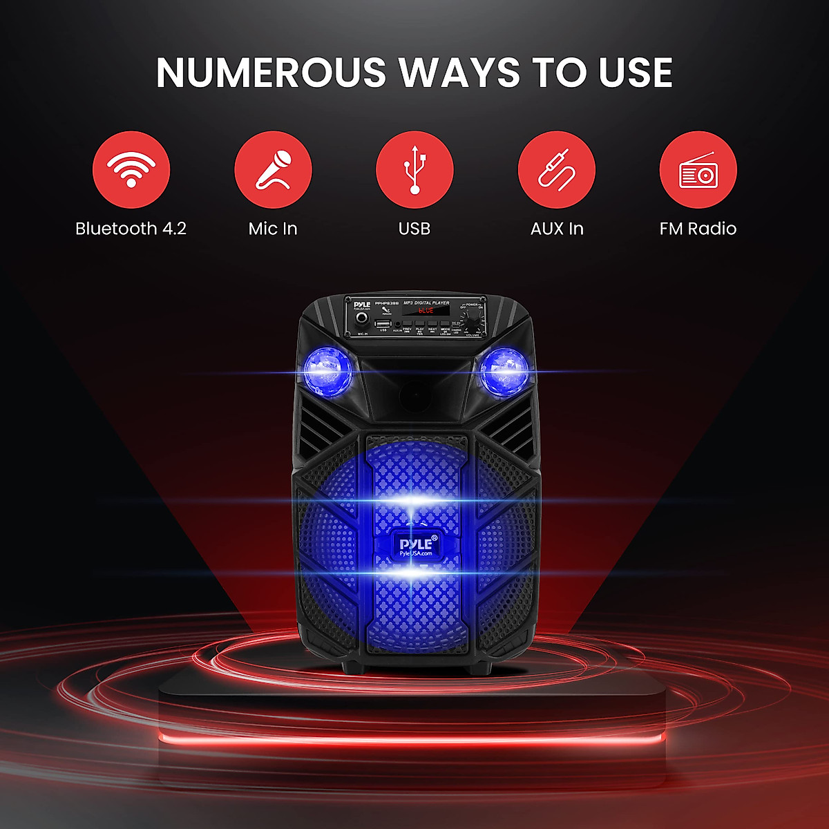 Pyle Bluetooth PA Speaker System - 300W Rechargeable Outdoor Bluetooth Speaker Portable PA System w/ 8” Subwoofer 1” Tweeter, Microphone in, MP3/USB, Radio, Remote - Pyle PPHP838B, Black