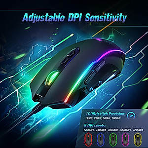 Wired Gaming Mouse, Ergonomic USB Computer Mouse with 8 Programmable Buttons, Optical Game Mouse with 16.8 Million Chroma RGB Backlights and 7 Light Modes, Adjustable 7200DPI for Windows PC Gamers