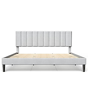 BONSOIR King Size Bed Frame Modern Vertical Panel Upholstered Low Profile Platform with Tufted Headboard/No Box Spring Needed/No Bed Skirt Needed/Linen Fabric Upholstery/Light Grey