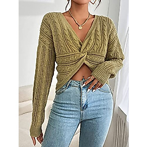 WDIRARA Women's Cable Knit Twsit Front V Neck Long Sleeve Crop Sweater Pullover Khaki L