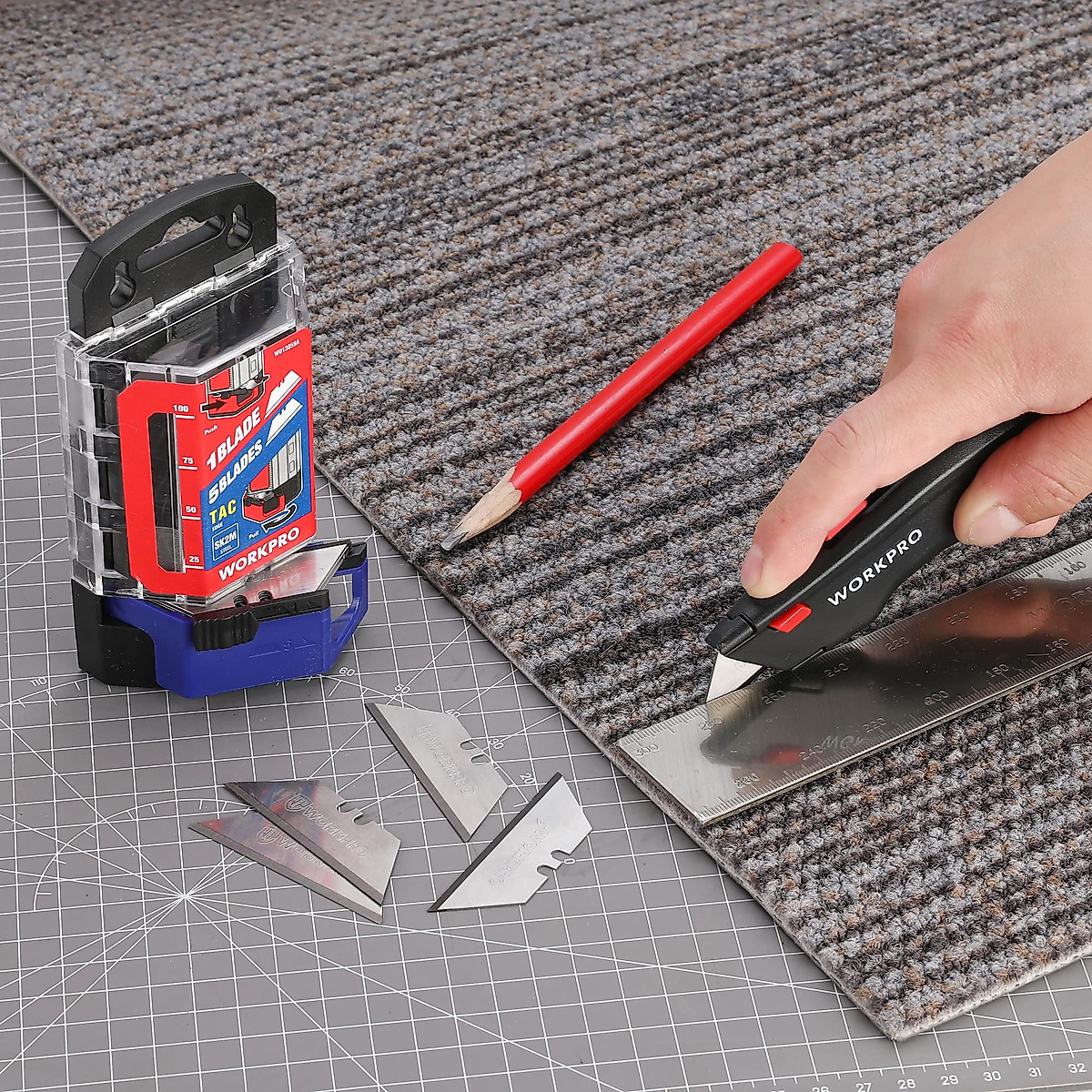 WORKPRO Premium Utility Knife Blades, TAC Diamond Coated SK2M, 50-Pack Utility Blades Replacement with Dispenser