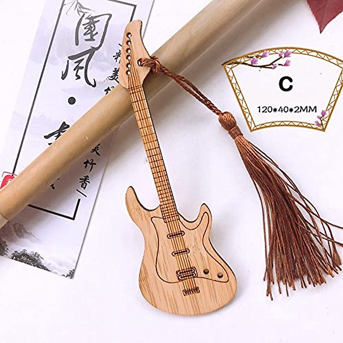 Natural Bamboo Bookmarks with Tassels,Retro Guitar Bass Bookmark Chinese Style Bamboo Bookmark Bass Book Folder Book Clip(C)