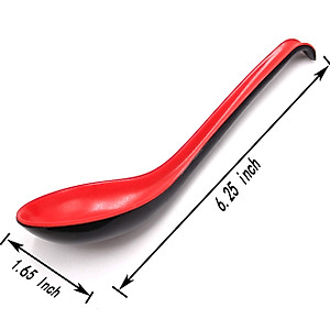 Large Japanese Soup Spoons Red and Black with Long Handle, Set of 8