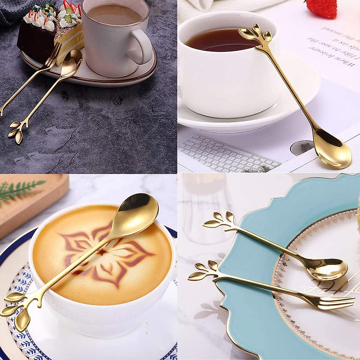 Gold Leaf Coffee Spoon Soup Spoons Sugar Spoons, Ice-Cream Tea Stirring Spoons 4.8 Inches Retro Dessert Demitasse Espresso Spoons Cutlery Kitchen Tableware-Set of 12
