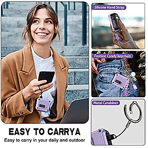 [5 in 1] Case for Airpods 2/1 with Lock, Carbon Fiber Secure Lock Clip PC+TPU Shockproof Protective AirPods Cover Case for Women for AirPod 1st and 2nd Gen with Fashion Candy Keychain(Purple)