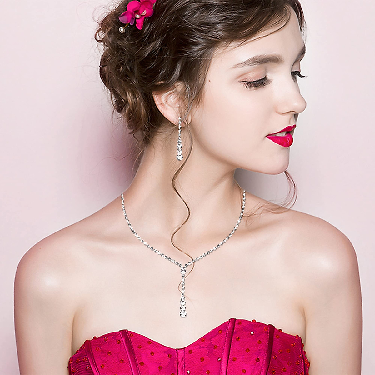 Aixiao Elegant Silver Necklace Earrings Bracelet Crystal Bridal Wedding Jewelry Sets for Brides Bridesmaid Prom Costume Accessories