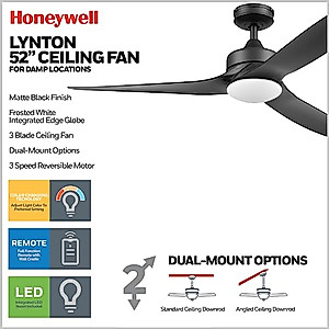Honeywell Ceiling Fans Lynton, 52 Inch Indoor Outdoor Ceiling Fan with Color Changing LED Light, Remote Control, Matte Black High Performance Blades, Reversible Airflow - 51854-01 (Black)
