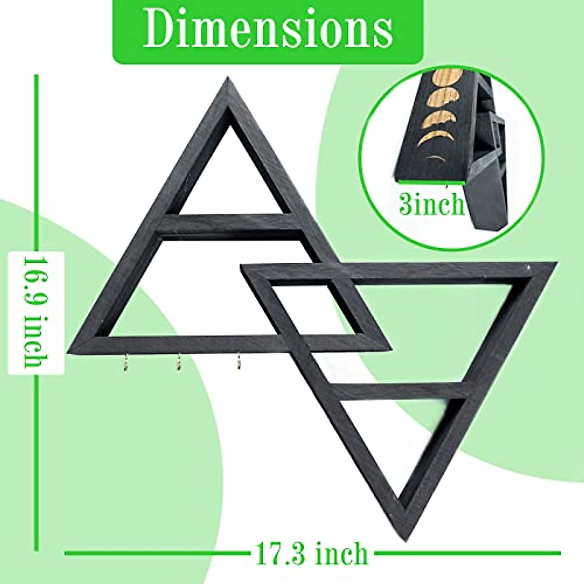 Crystal Shelf Display with Hooks - Black Moon Phase Triangle Shelf for witchy room decor - Moon shelf for Aesthetic shelves room decor, crystal organizer shelf for Living Room , Bed Room ,Bath Room