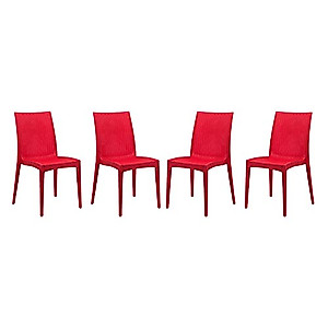 LeisureMod Modern Indoor/Outdoor Home Decorative Furniture Weave Mace Dining Chair (Armless), Set of 4 - Red
