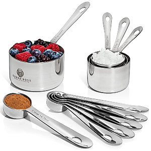 Stainless Steel Measuring Cups And Spoons Set - Heavy Duty, Metal Kitchen Measuring Set For Cooking And Baking Food For Dry Ingredients - Stackable Nesting Measuring Cups - Gordo Boss Measuring Spoons