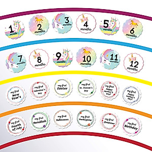 24 Pack Baby Month Stickers and Milestone Stickers by Kenco® - Track Your Baby's First Year Month-by-Month and Holidays! Boys and Girls' Available (Girls Unicorn)