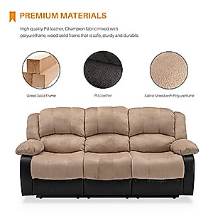 Nathaniel Home Manual Double Reclining Sofa PU Leather Upholstered 3-Seat Couch for Living Room Home Theater, Beige