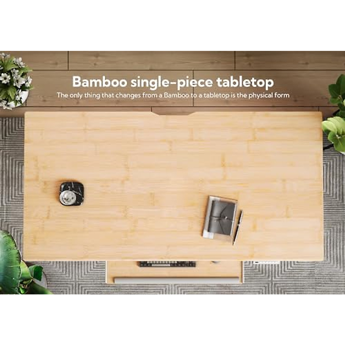 INNOVAR Bamboo Electric Standing Desk, 48×24 Inch Adjustable Desk with Keyboard Tray, Stand up Home Office Desk with Whole-Piece Board, White Frame/Bamboo Top