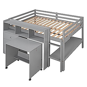 Wooden Full Size Bed Frame Full Size Low Loft Bed with Rolling Portable Desk, Drawers and Shelves, Gray