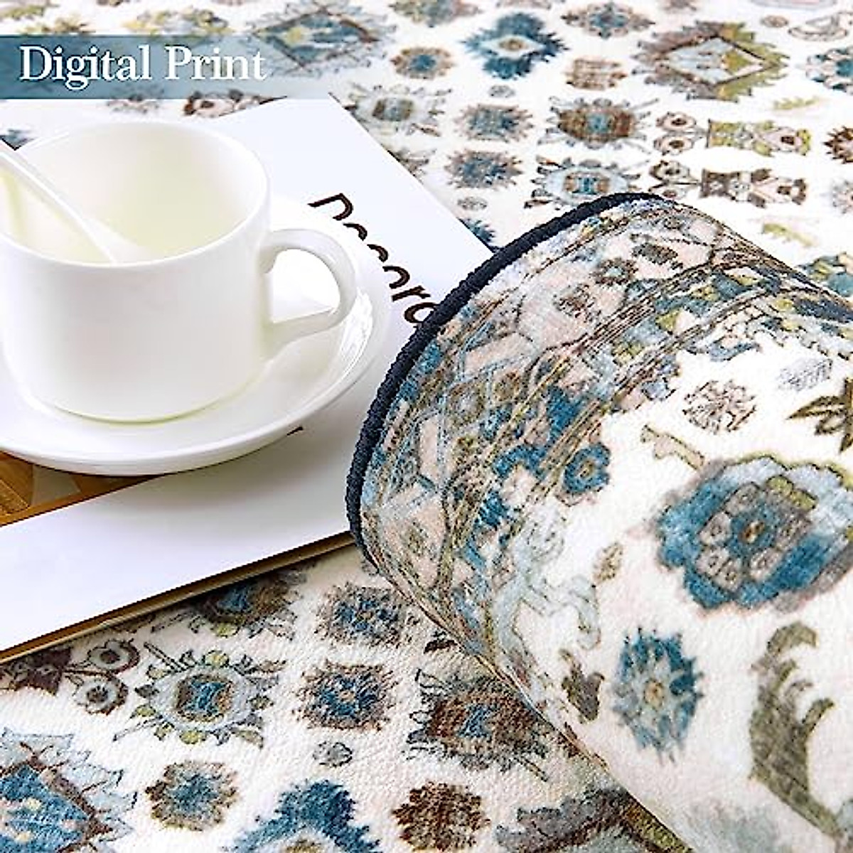 RUGSREAL 9x12 Blue Area Rug, Traditional Washable, Vintage Distressed, Kitchen Floor Cover, Foldable, Indoor Mat